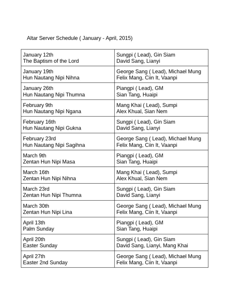 Altar Server Schedule (January - April, 2015) | PDF