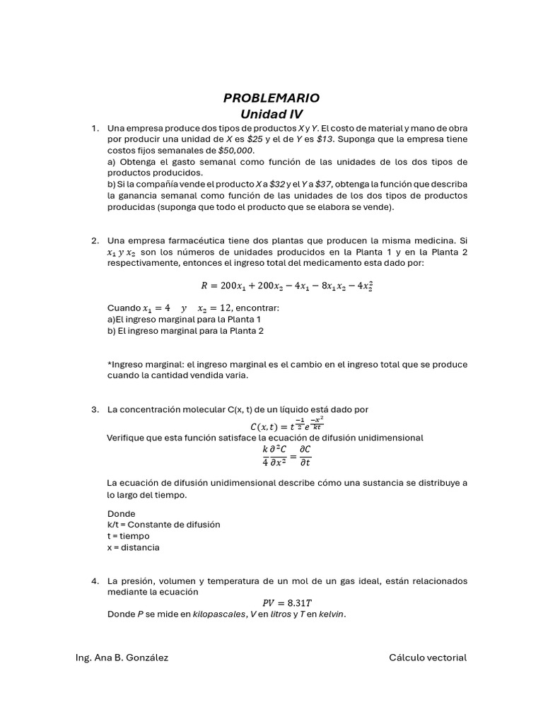 Problemario Vectorial Unidad 4 | PDF | Difusión | Gases