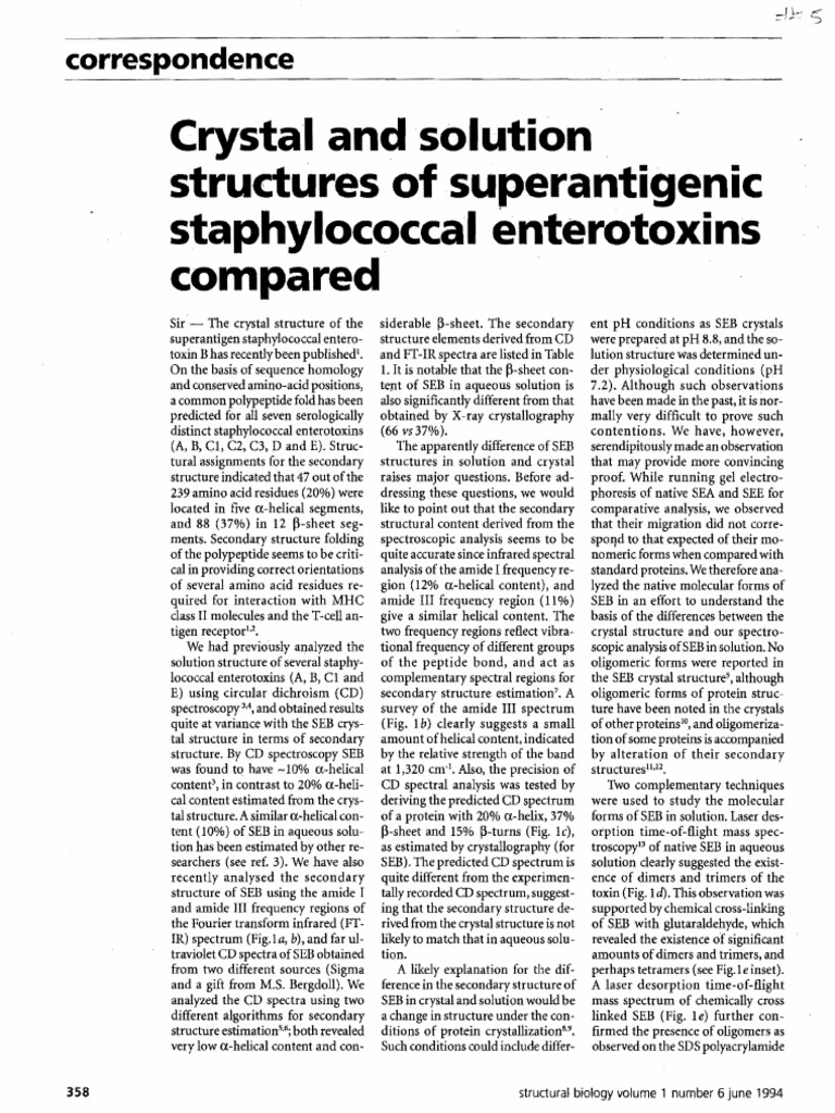 Crystal and Solution Structures of Superrantigenic Staphylococcal Enterotoxins Compared | PDF ...