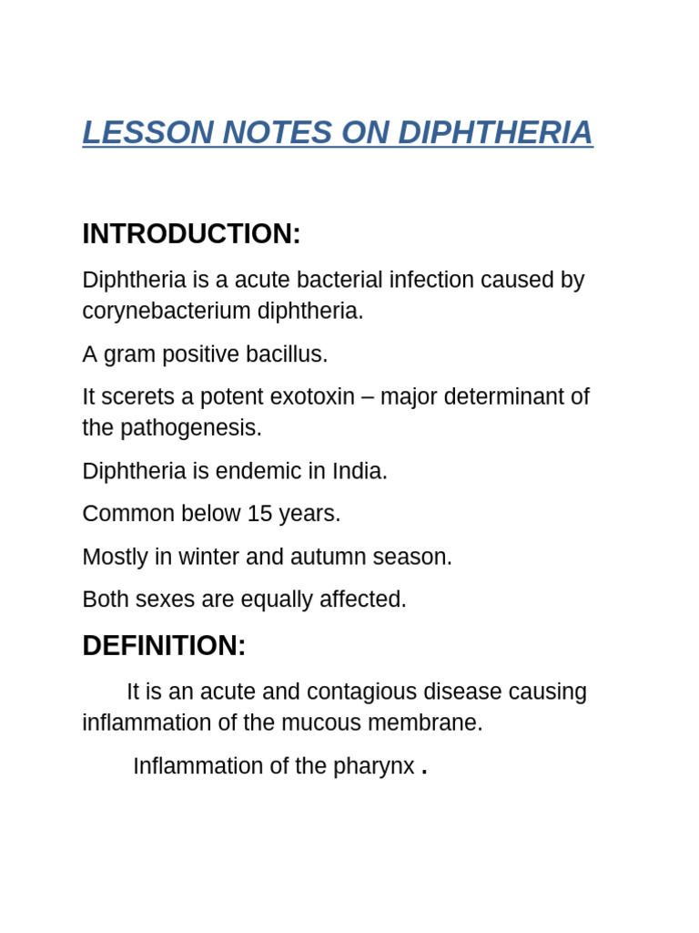 Diphtheria: Lesson Plan Overview | PDF | Infection | Medical Specialties