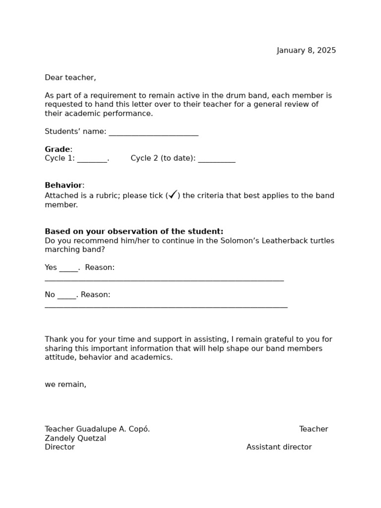 Drum Band Academic Review Letter | PDF