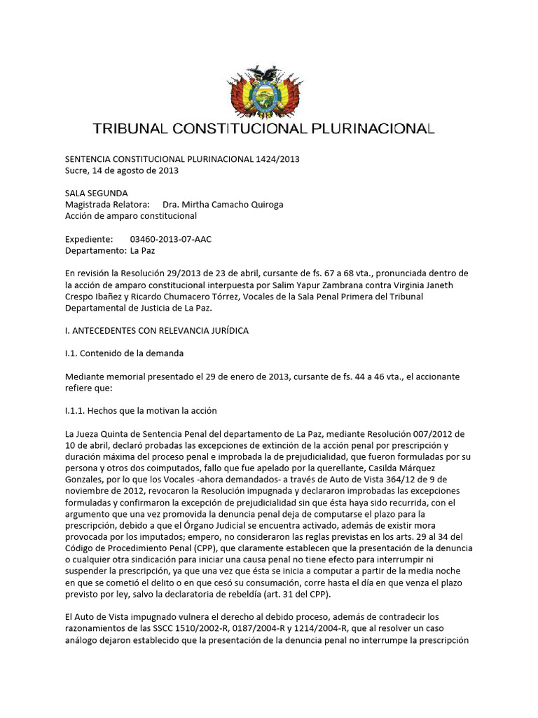 Sentencia Constitucional SCP 1424/2013 | PDF | Estatuto de limitaciones ...