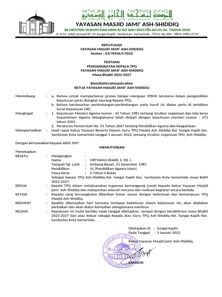 SK Pengangkatan Ketua TPA | PDF