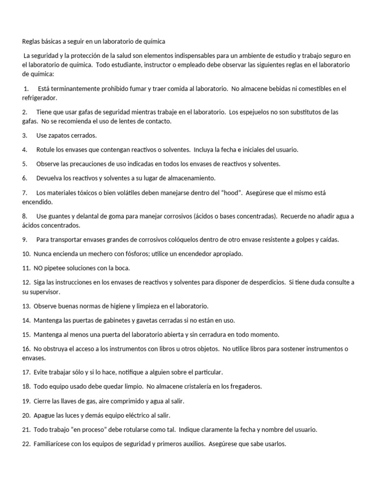 Reglas de Seguridad en Laboratorio Químico | PDF