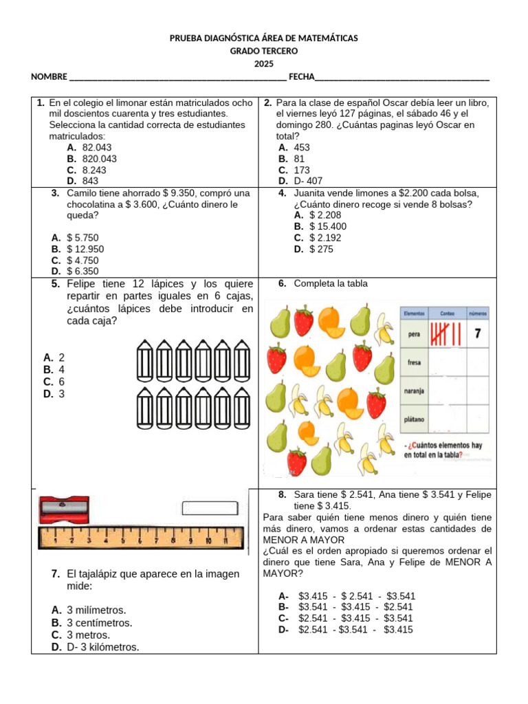 Prueba Diagnóstica Matemáticas | PDF