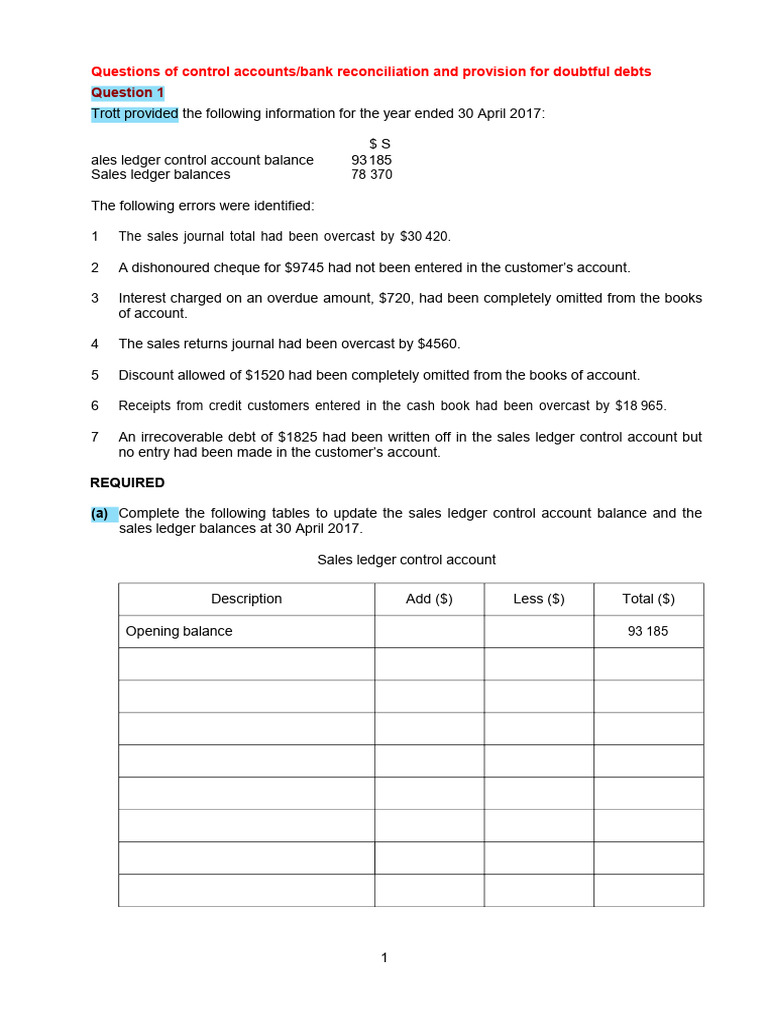 Control Accounts - Bank Reconciliation Questions | PDF | Debits And ...
