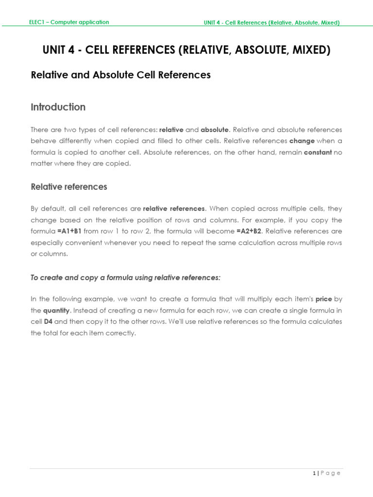Elec 1 Module 4 Cell References Relative Absolute Mixed | PDF | Formula | Computing