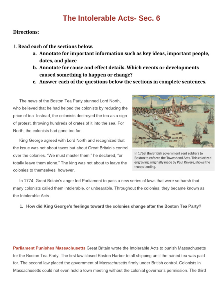 Intolerable Acts: Causes and Effects | PDF | Continental Congress ...