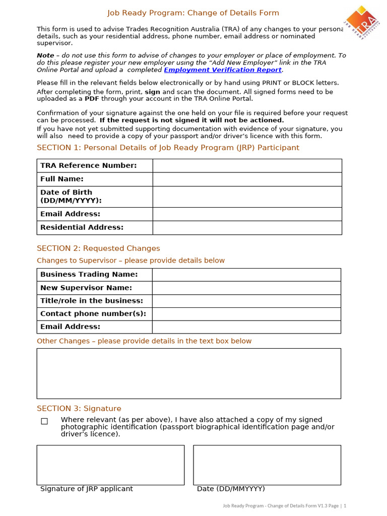 DEWR Change of Details Form - July 2022 | PDF
