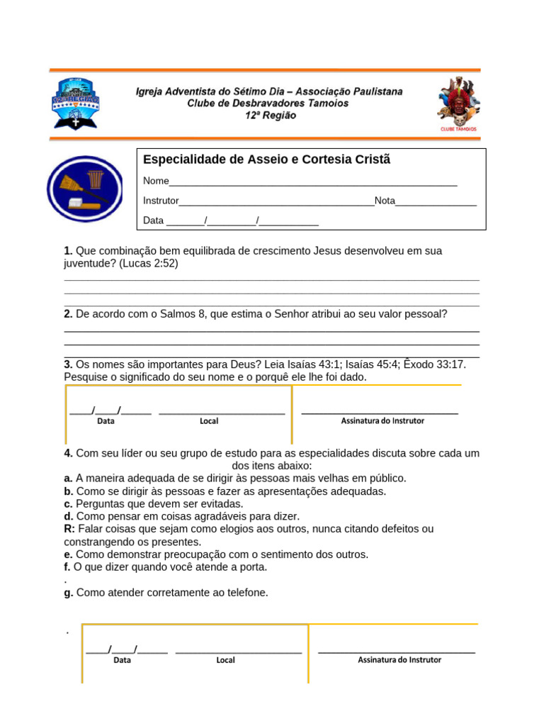 Especialidade Asseio e Cortesia Cristã | PDF