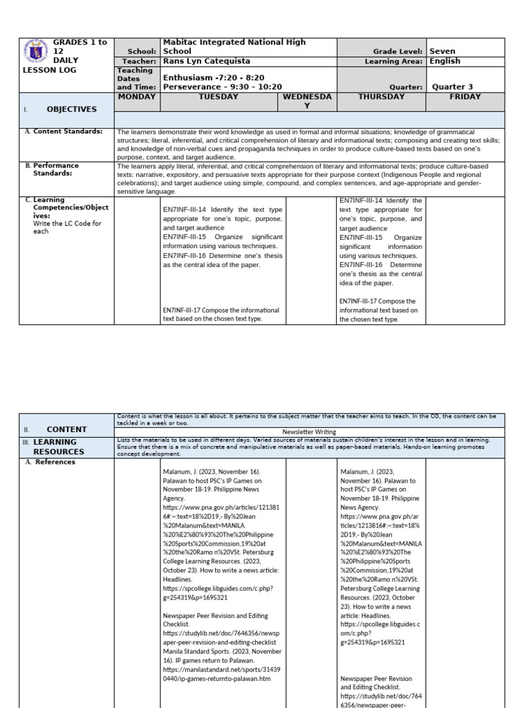 grade 7 dlp week 6 (!) (1) | PDF | Reading Comprehension | Learning