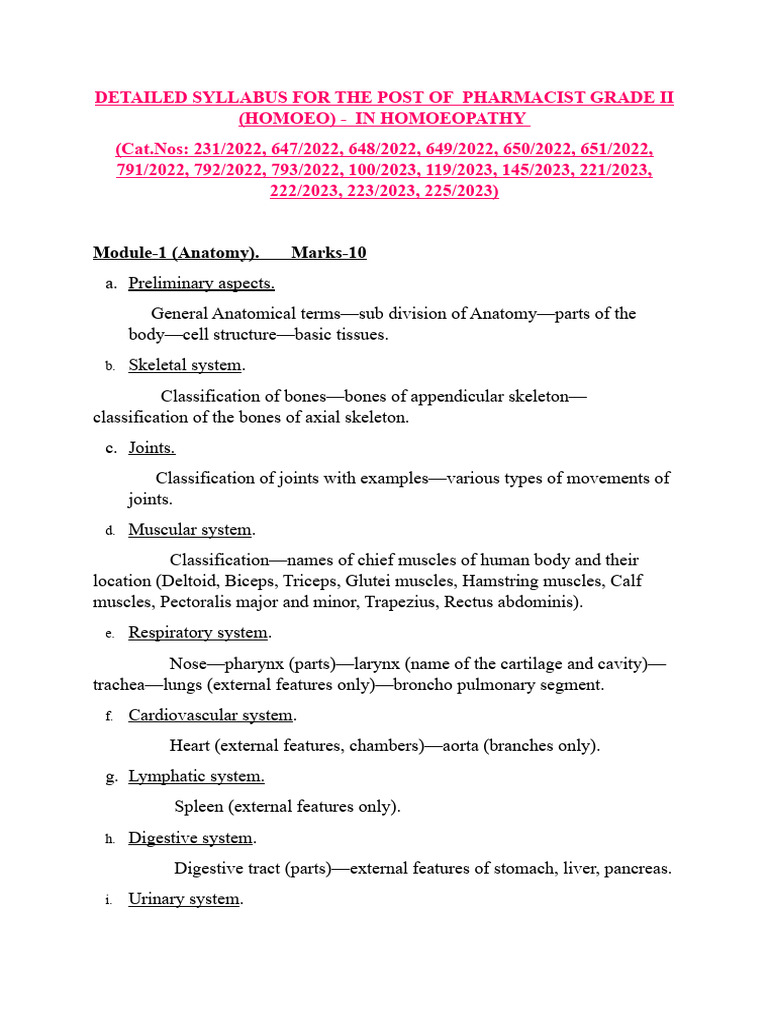 Pharmacist Grade II Syllabus Overview | PDF | Human Body | Homeopathy