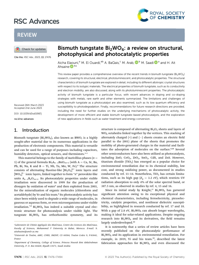 Bismuth Tungstate Bi 2 WO 6 A Review On Structural | PDF
