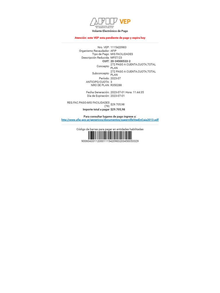 VEP Pendiente de Pago AFIP 2023 | PDF