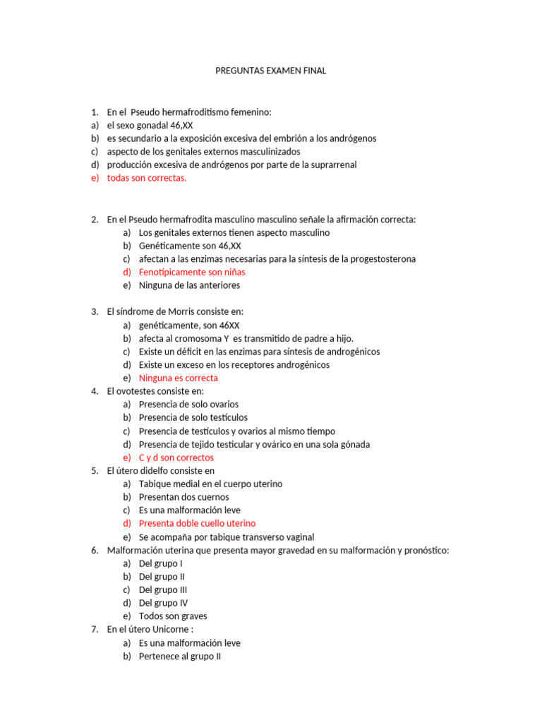 Preguntas Examen Final 2020 | PDF | Sistema reproductivo | Sexo