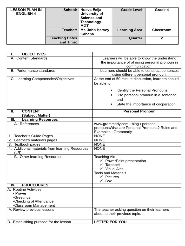 Teaching Personal Pronouns in Grade 4 | PDF | Lesson Plan | Grammatical ...