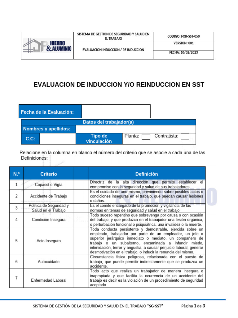 EVALUACION INDUCCION SG-SST | PDF