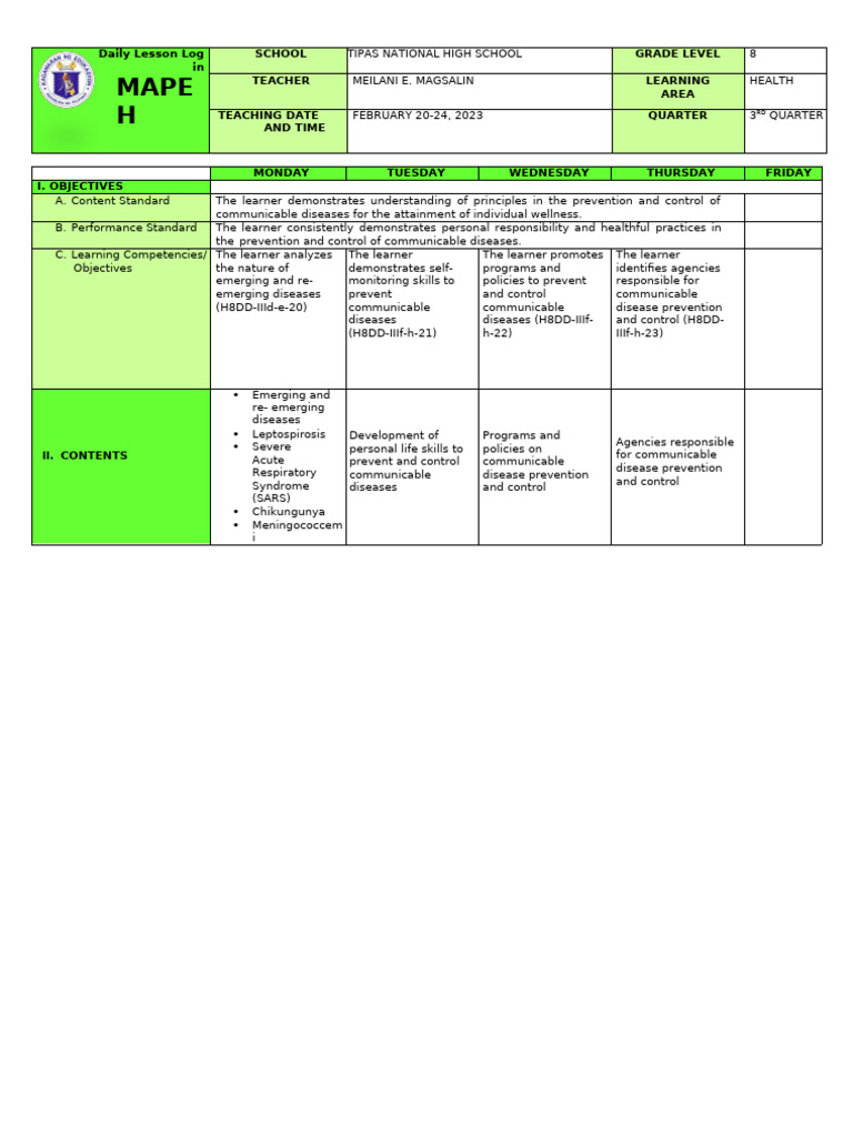 Health Education Lesson Plan for Grade 8 | PDF | Influenza A Virus ...