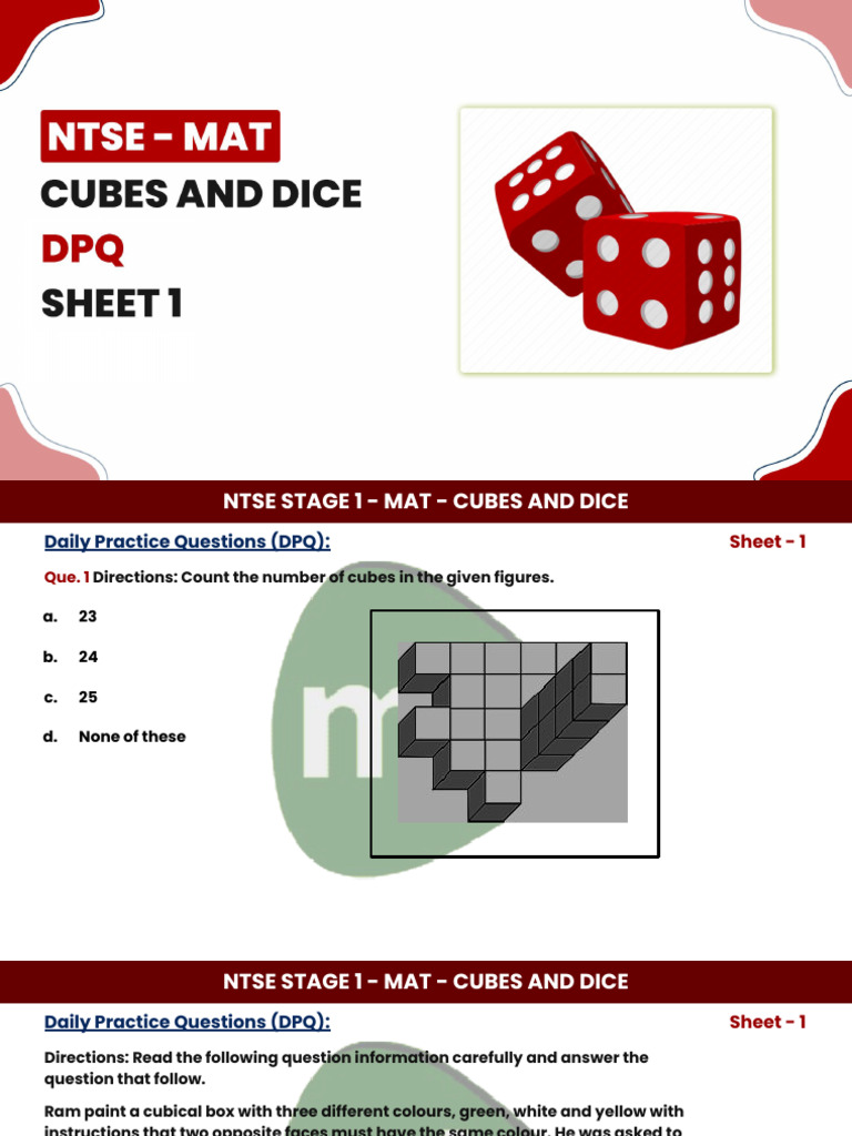 NTSE Stage 1: Cubes and Dice Questions | PDF | Dice
