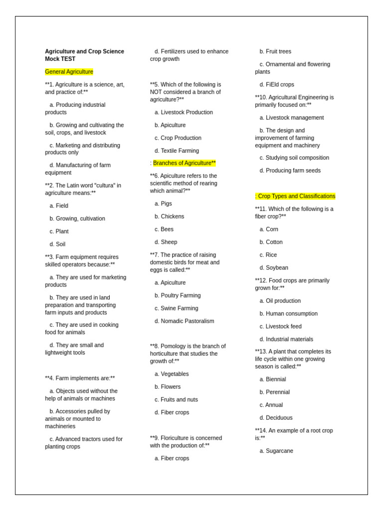 Agriculture and Crop Science Mock Test | PDF | Agriculture | Crops