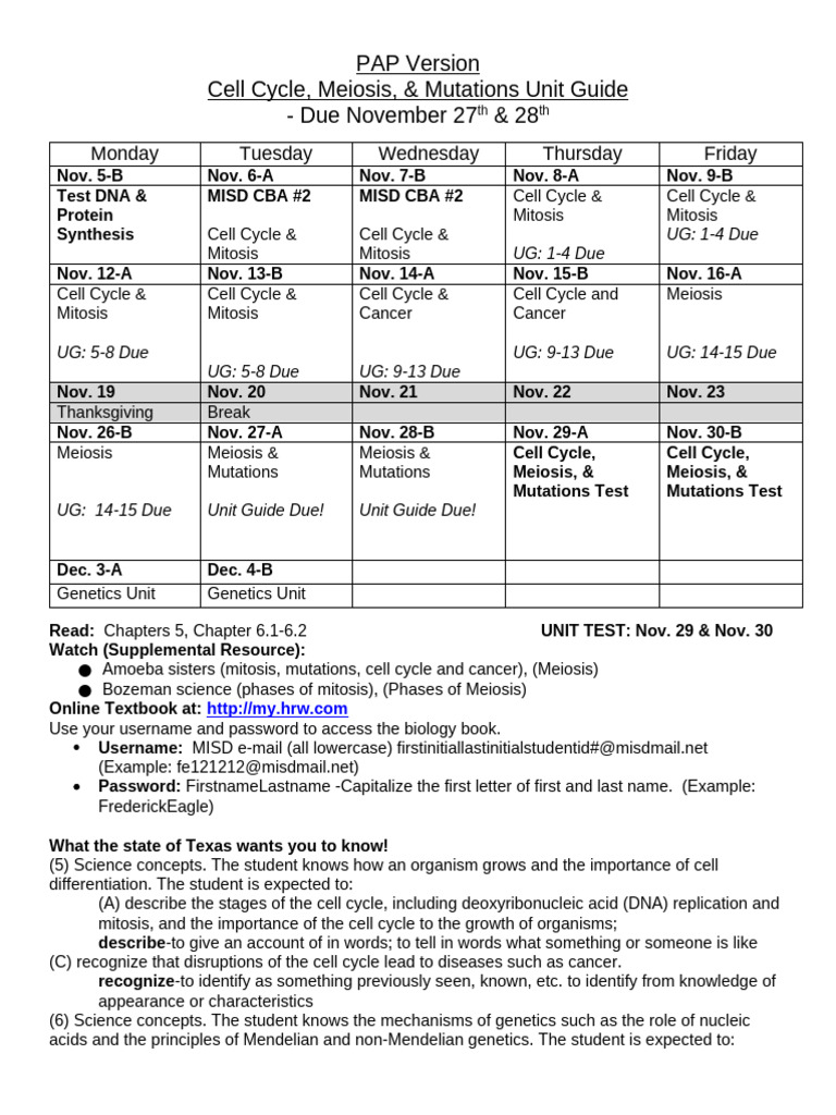 Updated - PAP - Cell Cycle, Meiosis, & Mutations UNIT GUIDE 2018-19 | PDF | Chromosome | Mitosis