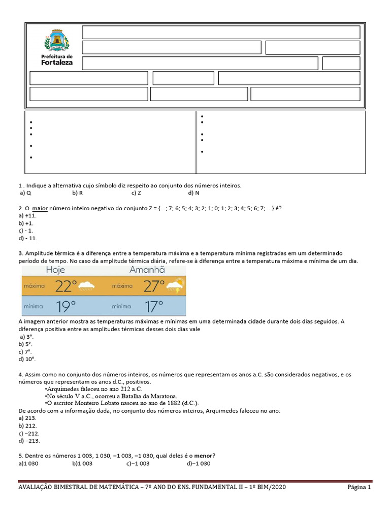 Av1 Matematica 7 Ano Prof Renato e Narcelio. | PDF | Matemática