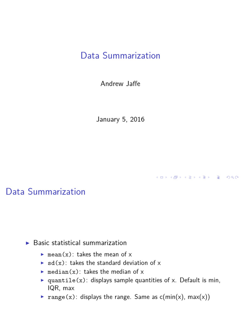 R Data Summarization Techniques | PDF | Descriptive Statistics | Statistical Analysis
