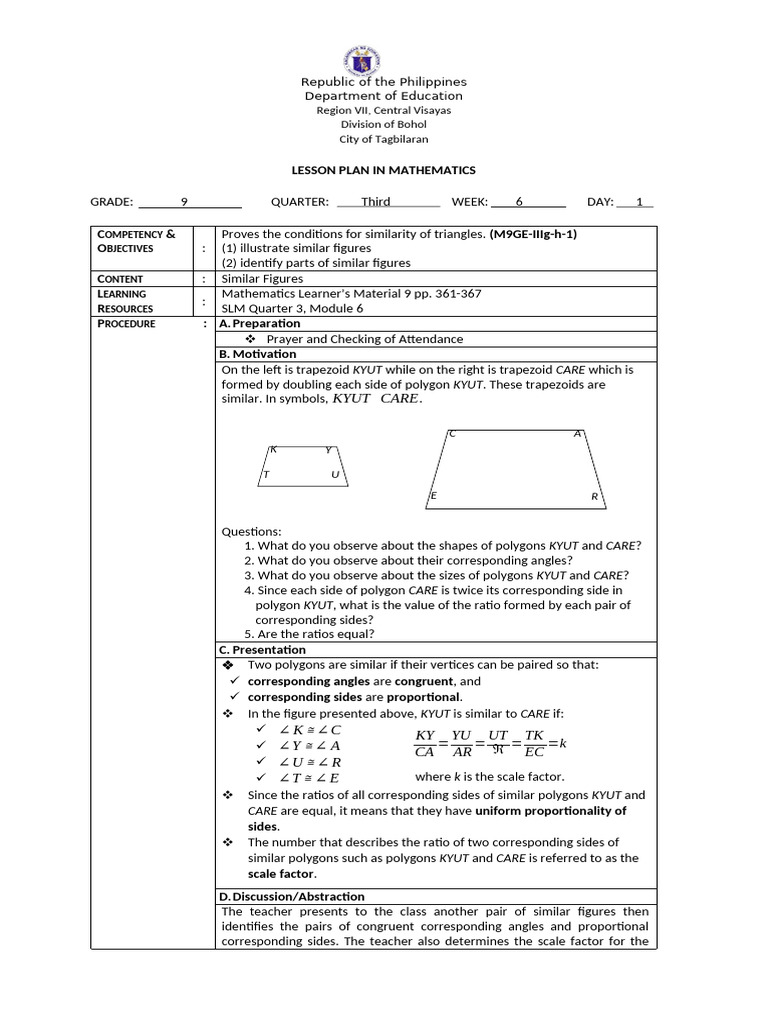 3rdQ Wk6 Day1 Prototype Lesson Plan in Math9 | PDF | Angle | Euclidean ...