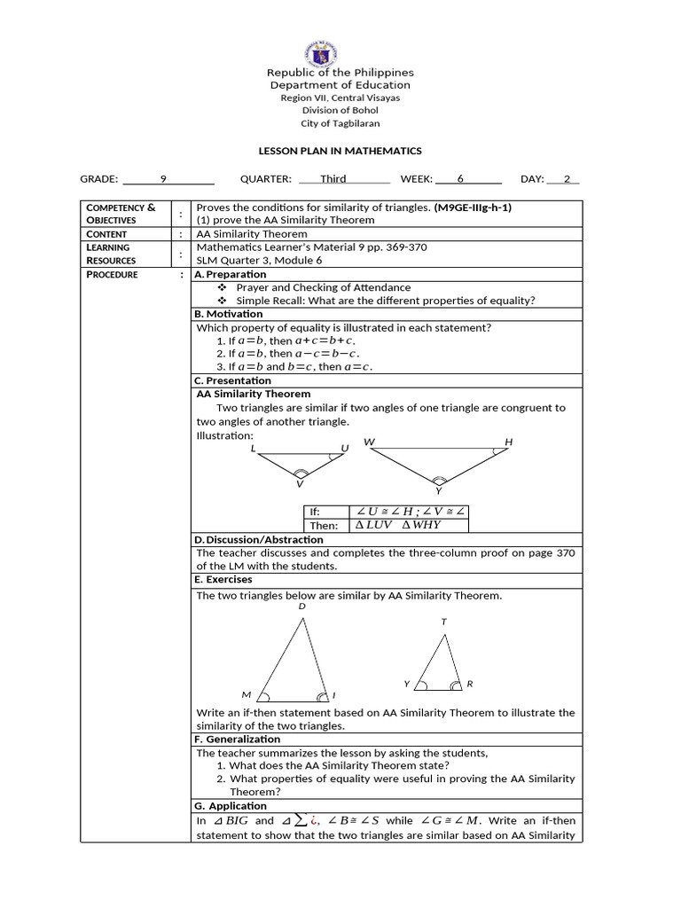 3rdQ-Wk6-Day2-Prototype-Lesson-Plan-in-Math9 | PDF | Triangle | Theorem