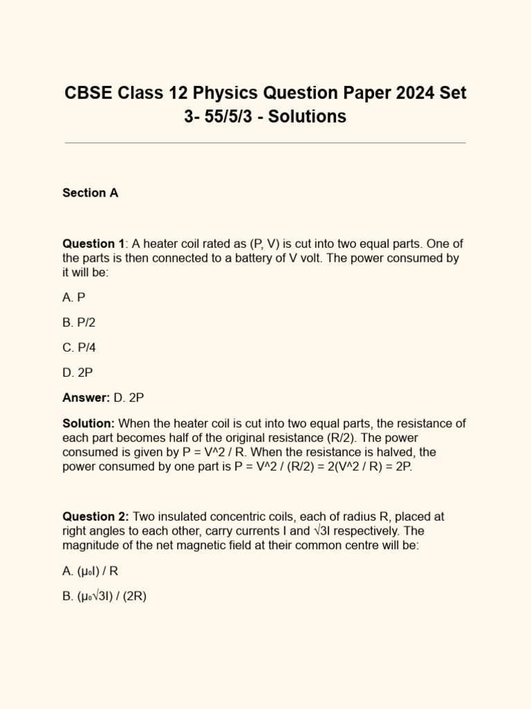 CBSE Class 12 Physics 2024 Question Paper Solutions | PDF | Magnetic Field | Inductor
