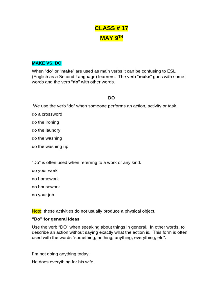 Class # 17 Make vs. Do | PDF | English As A Second Or Foreign Language ...