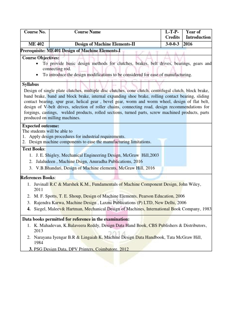 Machine Design Elements Course Outline | PDF | Gear | Belt (Mechanical)