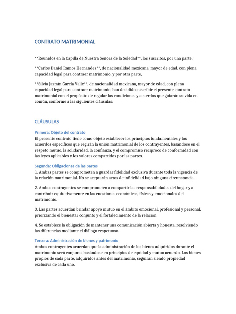Contrato Matrimonial: Cláusulas y Compromisos | PDF | Matrimonio