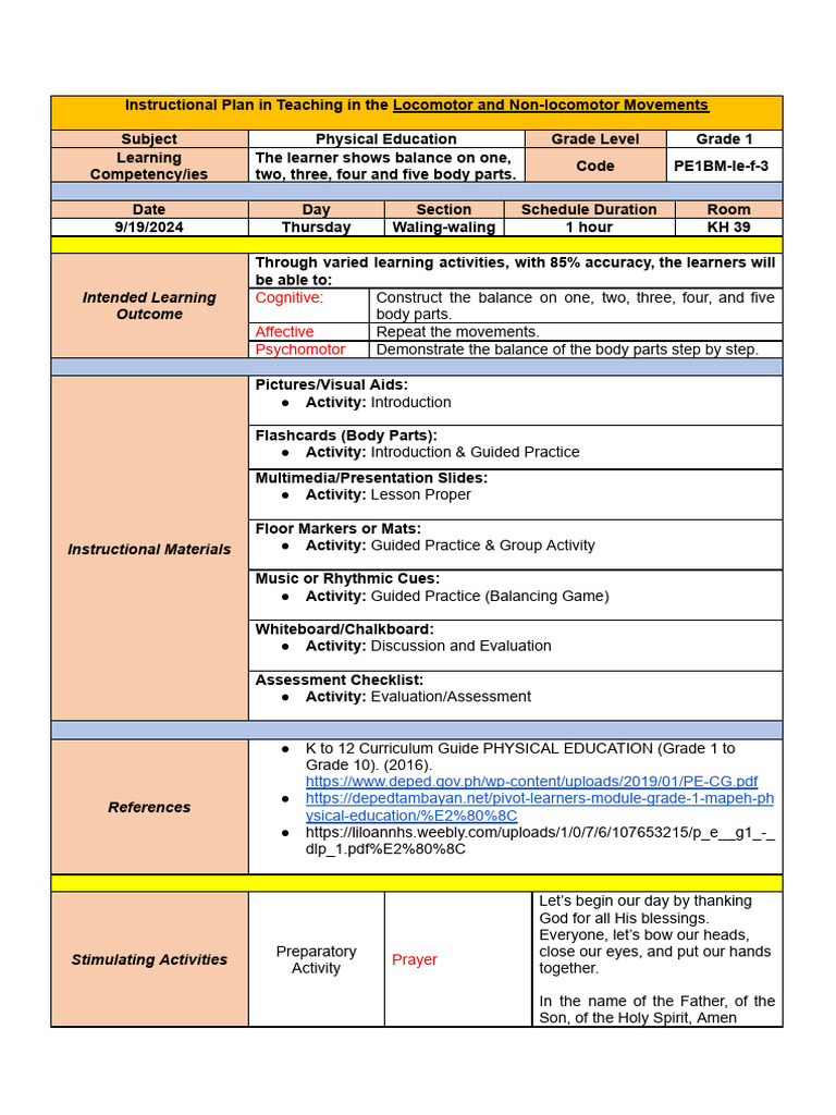 Grade 1 PE: Locomotor & Balance Skills | PDF | Learning | Animal Locomotion