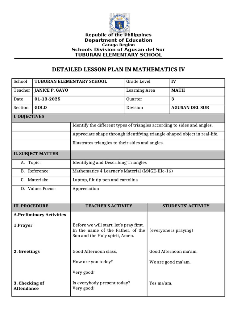 Detailed Lesson Plan in Math 4 | PDF | Triangle | Elementary Geometry