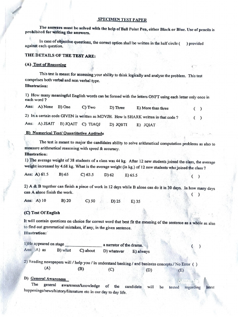 Bank Exam Specimen Test Paper | PDF | Computer File
