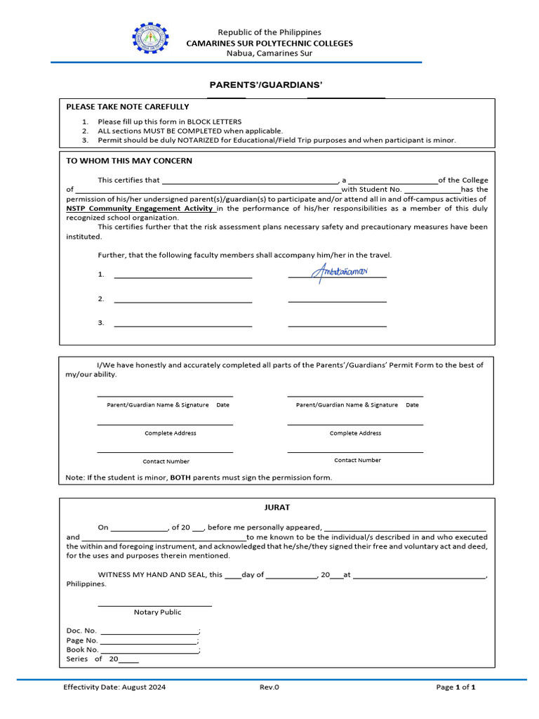29b. Semestral Parents or Guardians Permit Form Rev.0 WITH SIGNATURE ...