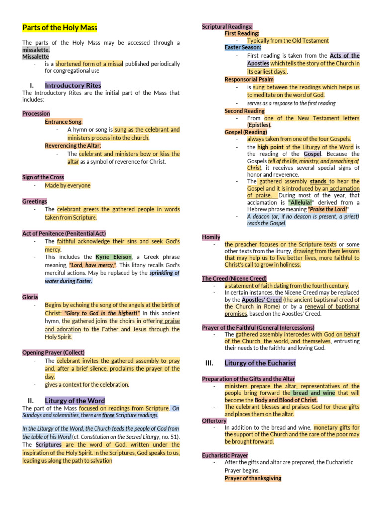 Parts of the Holy Mass Detailed | PDF | Eucharist | Mass (Liturgy)