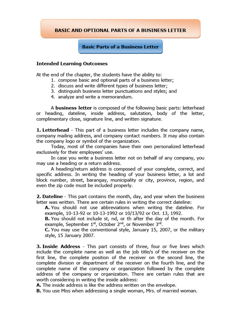Basic and Optional Parts of A Business Letter | PDF | Writing | Text
