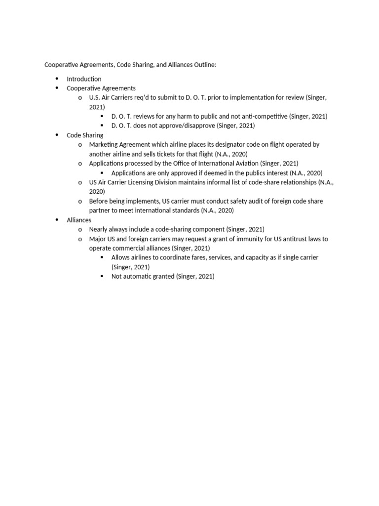 Cooperative Agreements, Code Sharing, and Alliances Outline | PDF
