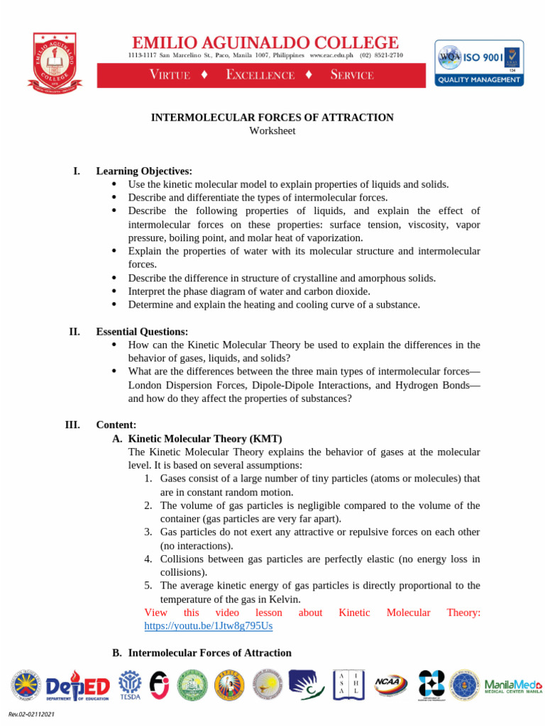 Intermolecular Forces and Properties Worksheet | PDF | Gases ...