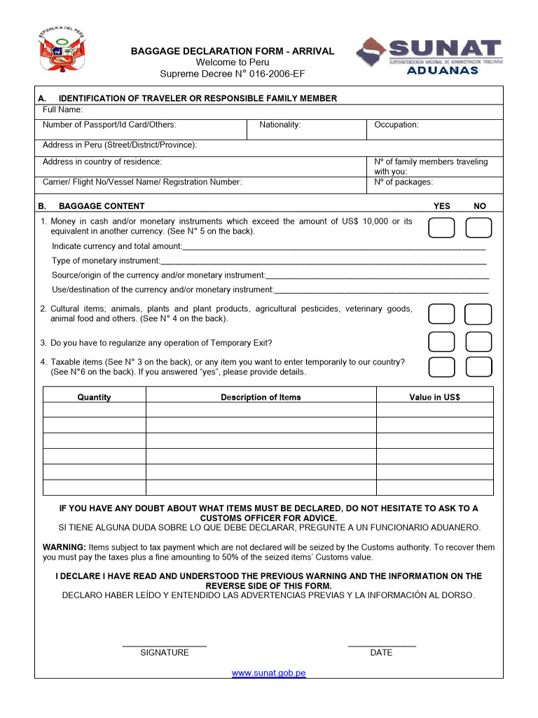 BAGGAGE DECLARATION FORM - ARRIVAL Welcome To Peru ... | PDF | Customs ...