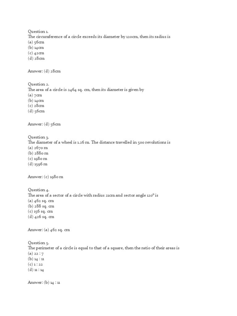 Class 10 MCQs on Circle Areas | PDF | Area | Circle