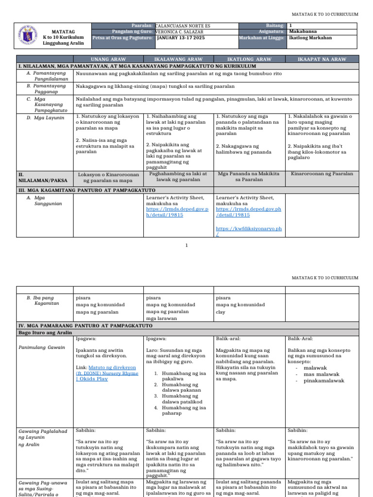 DLL Matatag - Makabansa 1 - Q3 - W2 | PDF
