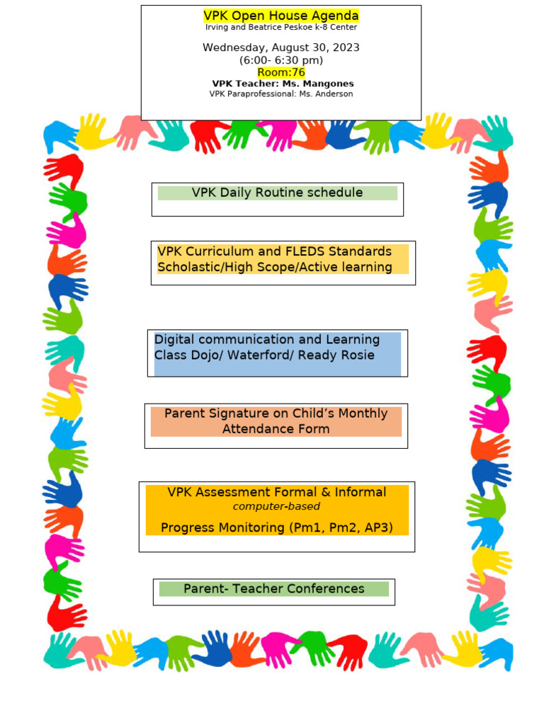 Wednesday, August 30, 2023 (6:00-6:30 PM) Room:76: VPK Teacher: Ms ...