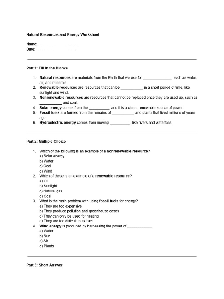 Natural Resources and Energy Worksheet | PDF | Energy Development ...