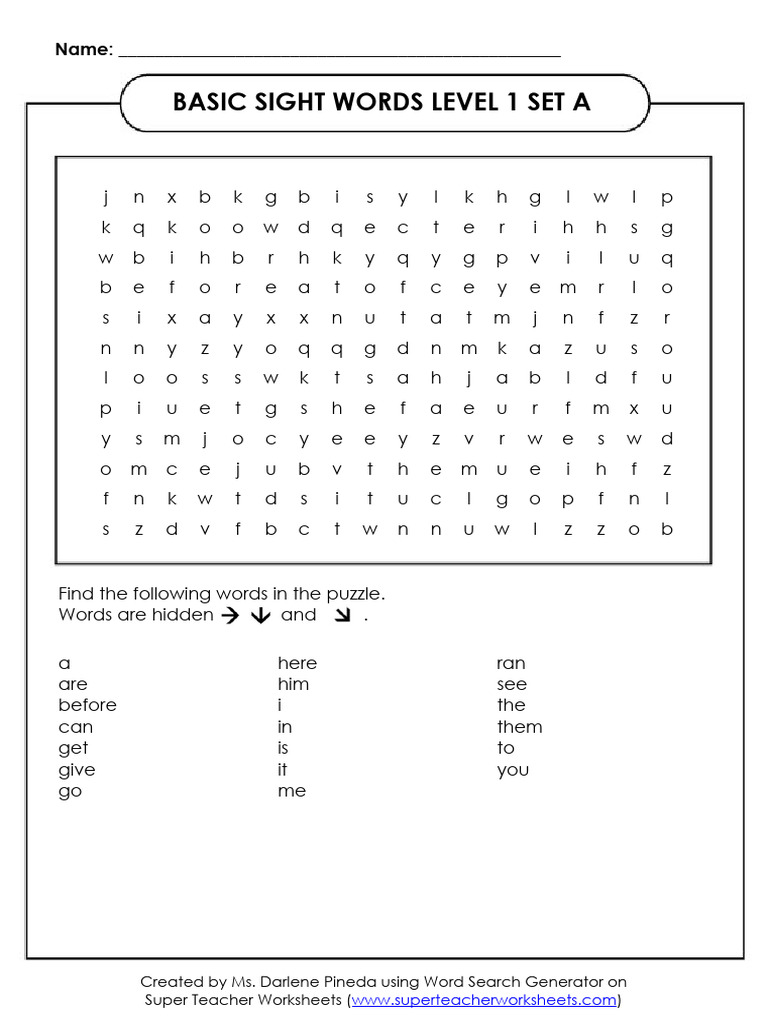Super Teacher Worksheets BASIC SIGHT WORDS LEVEL 1 SET A | PDF | Word ...