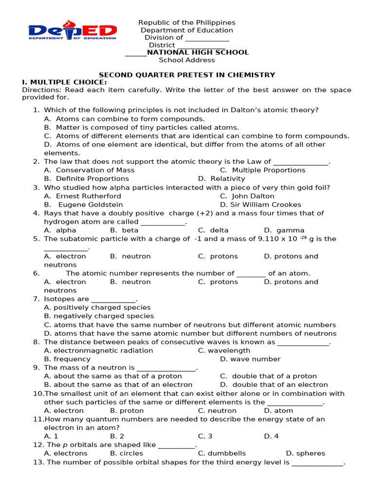Second Quarter Chemistry Pretest | PDF | Atoms | Chemical Bond