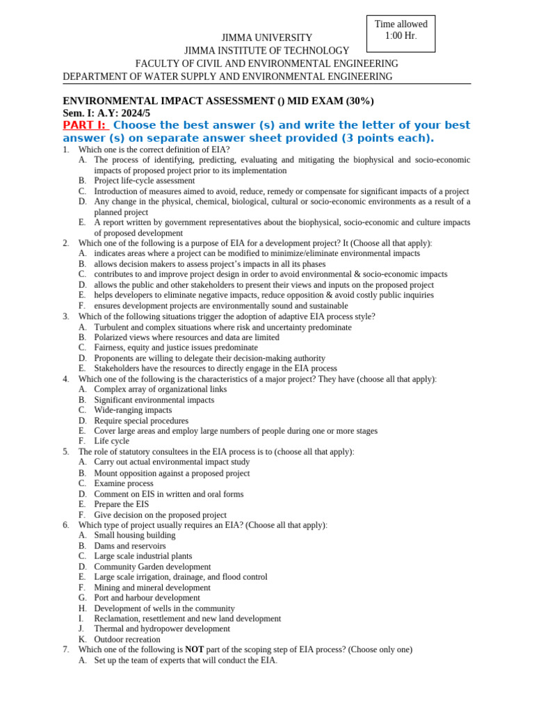EIA Mid Exam 2024 | PDF | Environmental Impact Assessment | Natural Environment