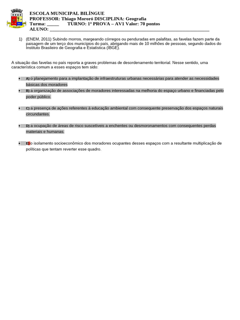 AV1 - 30 PT - 6º Ano - 1ºtri | PDF